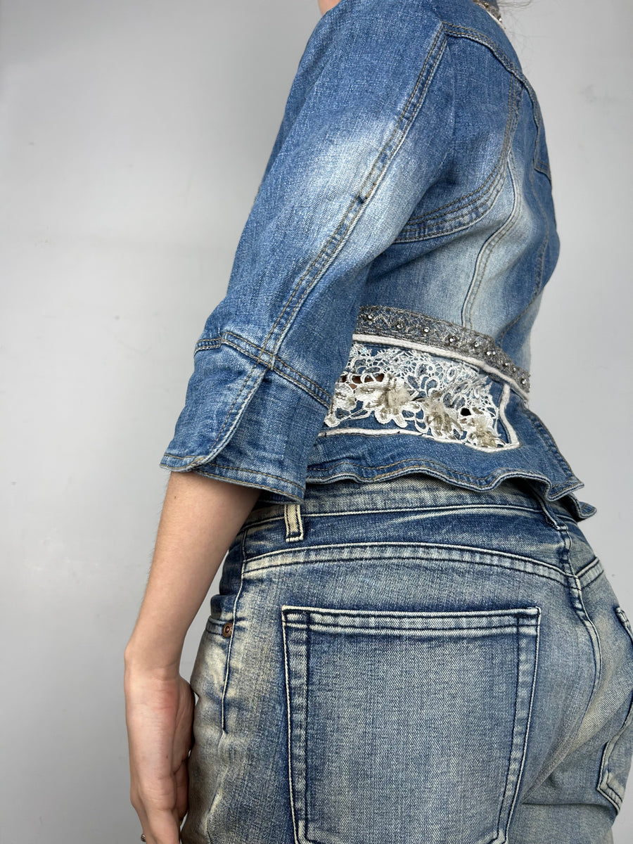 Denim embroidered office jacket (S) – SK VINTAGE